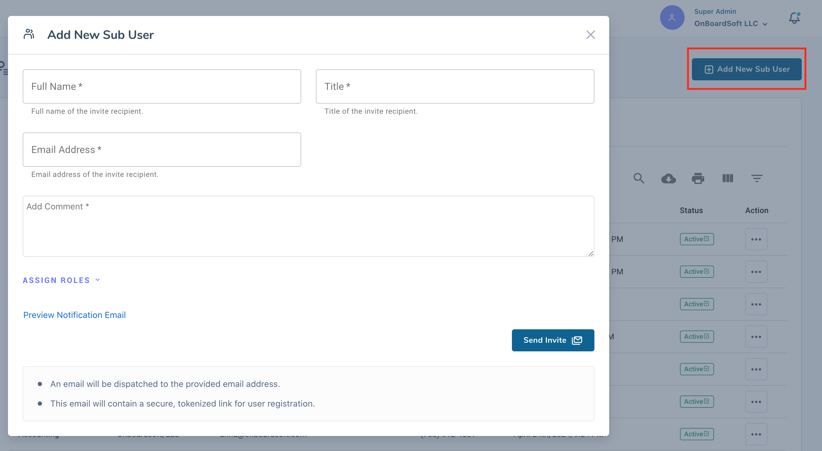 Onboarding Admin Sub Users – OnBoardSoft LLC